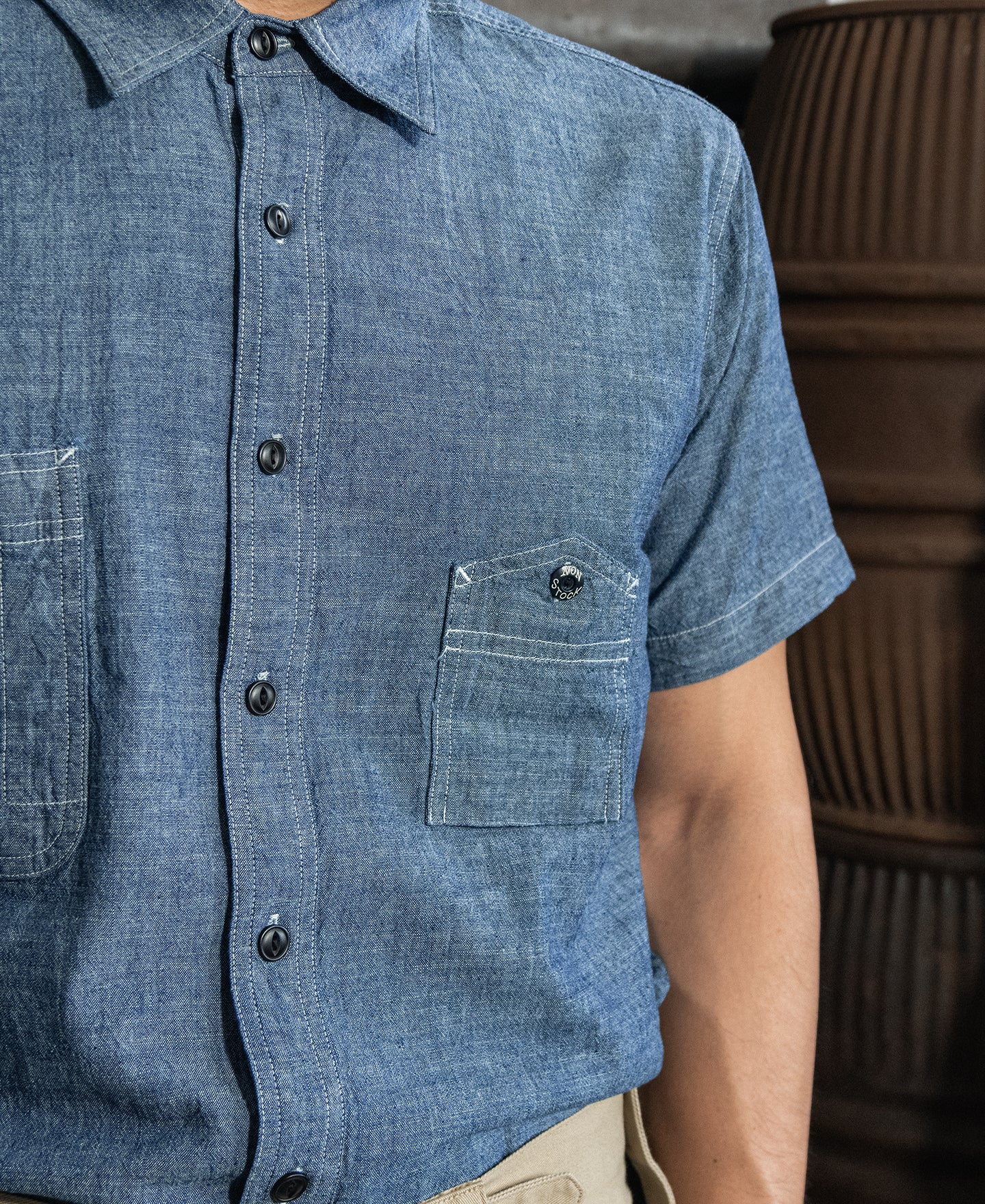 Vintage Slub Cotton Chambray Short Sleeve Work Shirt - Blue | Bronson